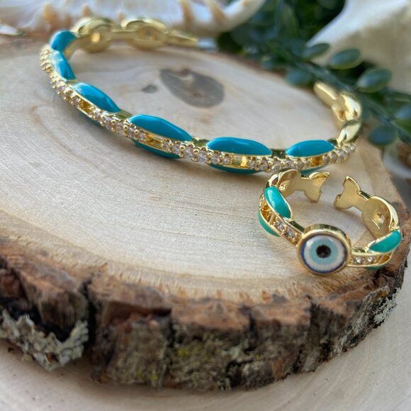 Jewelry | Ring And Chic Coffee Bean Enamel Cuff Bracelet Clear Crystal ...